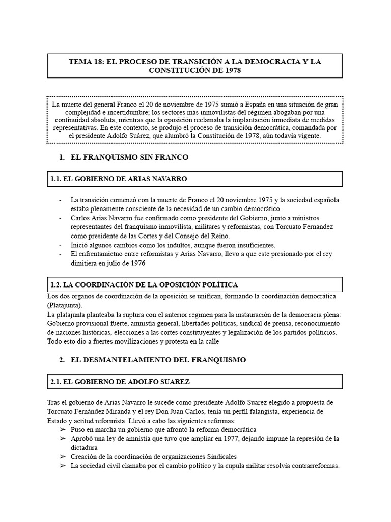 Tema 18 El Proceso De Transición A La Democracia Y La Constitución De