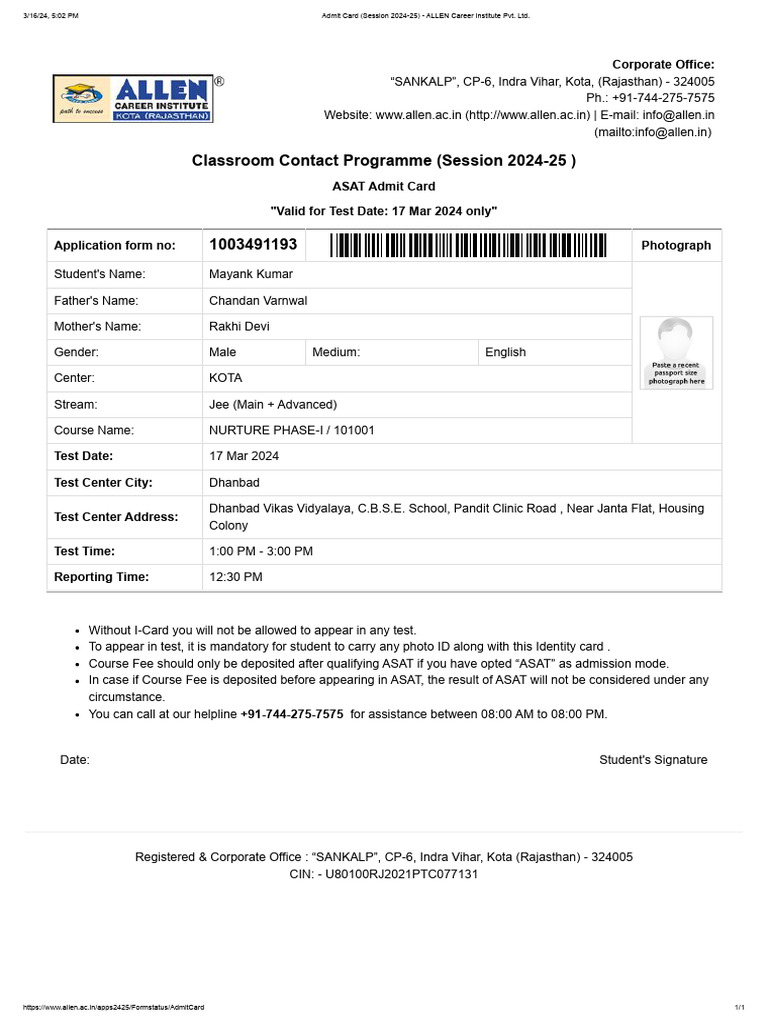 ASAT Admit Card 2024-25 - ALLEN | PDF | Government And Personhood ...