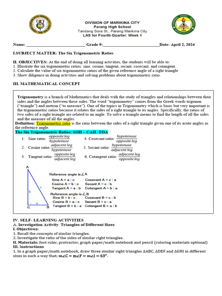 Grade-9-Math-LAS-4thQuarter-Wk1-April1-52024-Trigonometric-Ratio | PDF ...