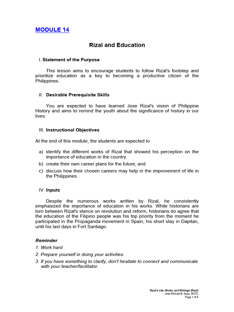 Rizal Module 14 Rizal and Education | PDF