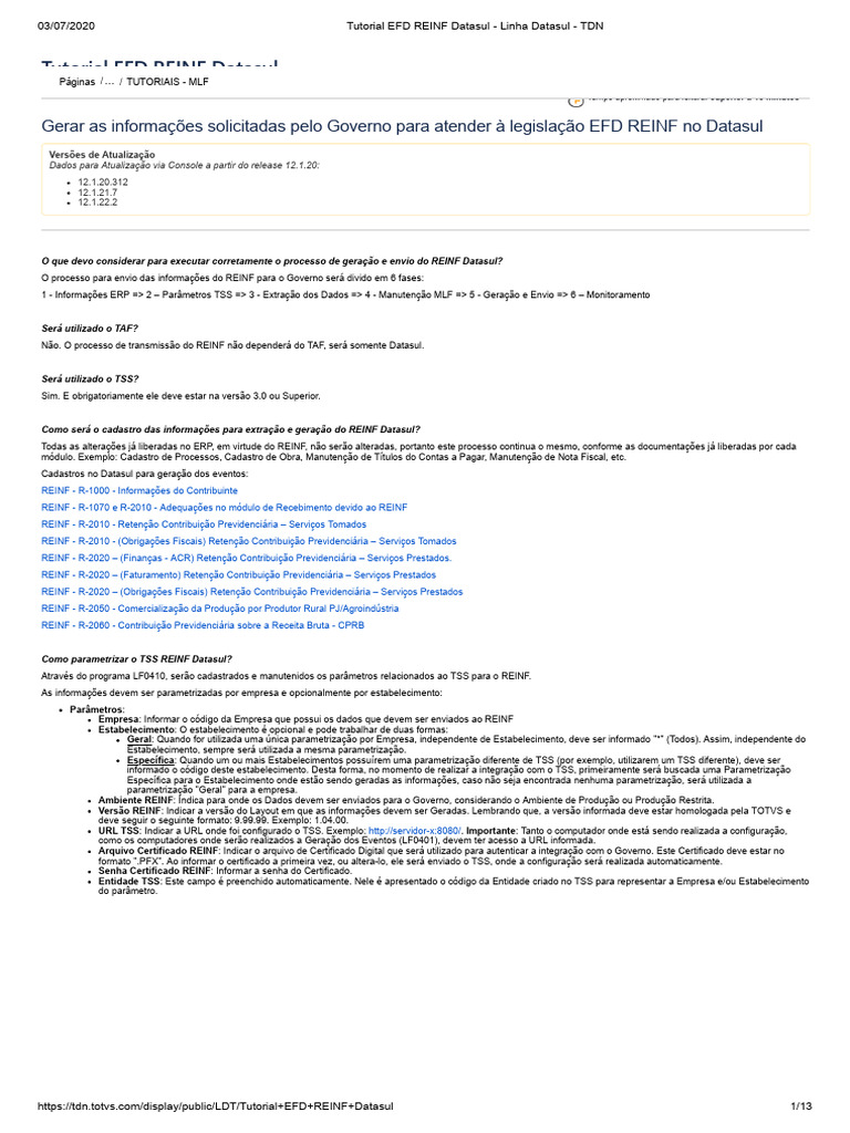 Tutorial EFD REINF Datasul - Linha Datasul - TDN | PDF | XML | Recibo