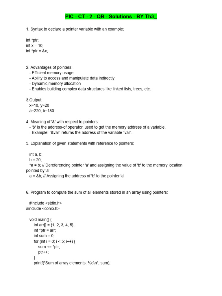 PIC CT 2 QB Solutions by Th3 | PDF | Pointer (Computer Programming) | Computer Engineering