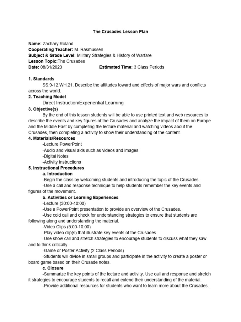 Crusades Lesson Plan for High School | PDF | Lesson Plan | Lecture