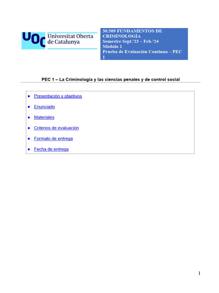 PEC 1 ENUNCIADO | PDF | Criminología | Bibliografía
