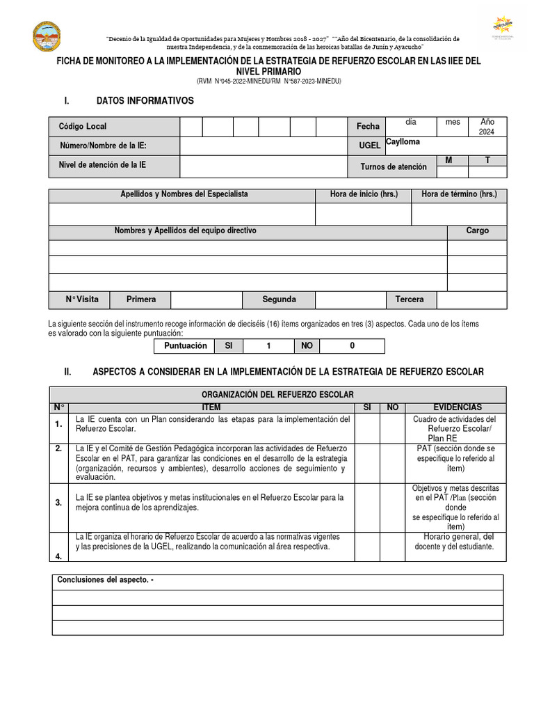 Ficha de Monitoreo A La Implementación de La Estrategia de Refuerzo Escolar en Las Iiee Del ...