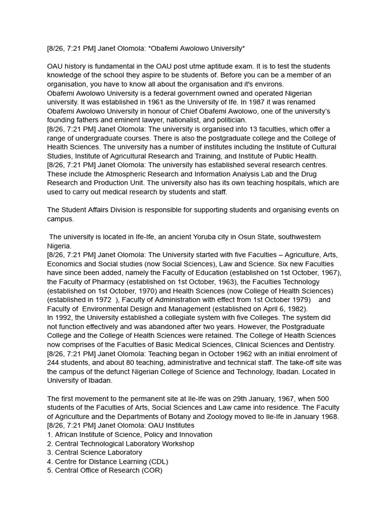 History of OAU or Everything About OAU | PDF | Science