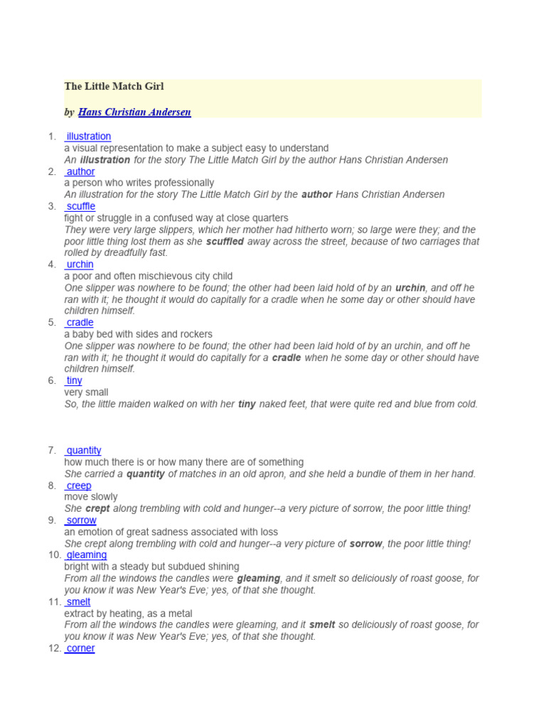 The Little Match Girl-Vocabulary Words | PDF