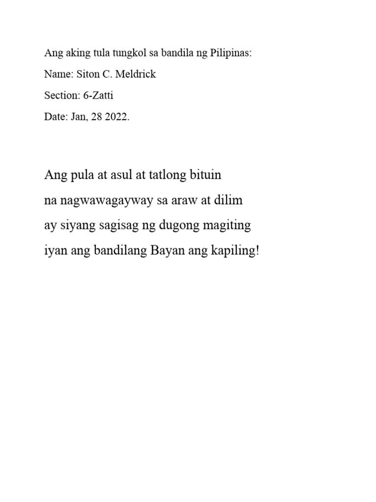 Ang Aking Tula Tungkol Sa Bandila NG Pilipinas | PDF