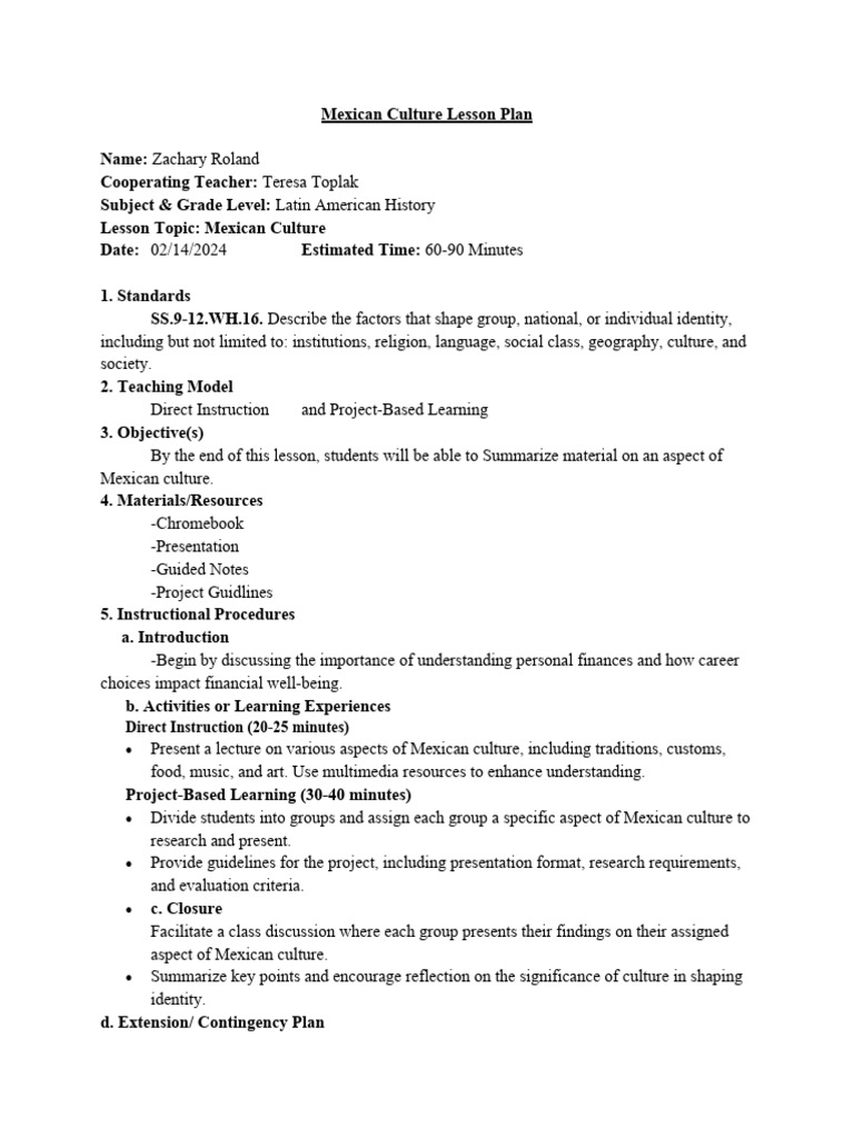 Mexican-Culture-Lesson-Plan 1 | Download Free PDF | Lesson Plan ...