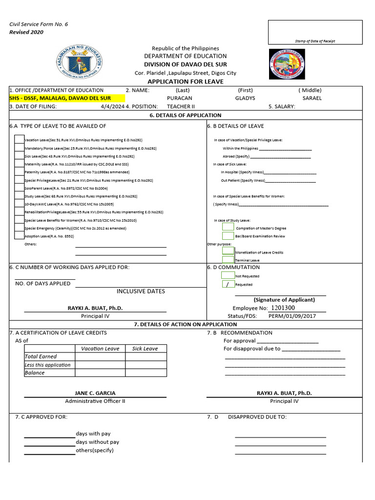 Application For Leave CSC Form 6 New 2024 | PDF | Sick Leave | Government