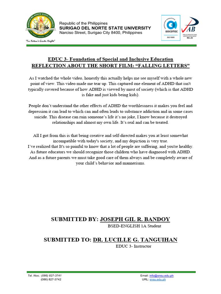 Educ 3 - Falling Letters Reflection (Joseph Gil Bandoy) | PDF