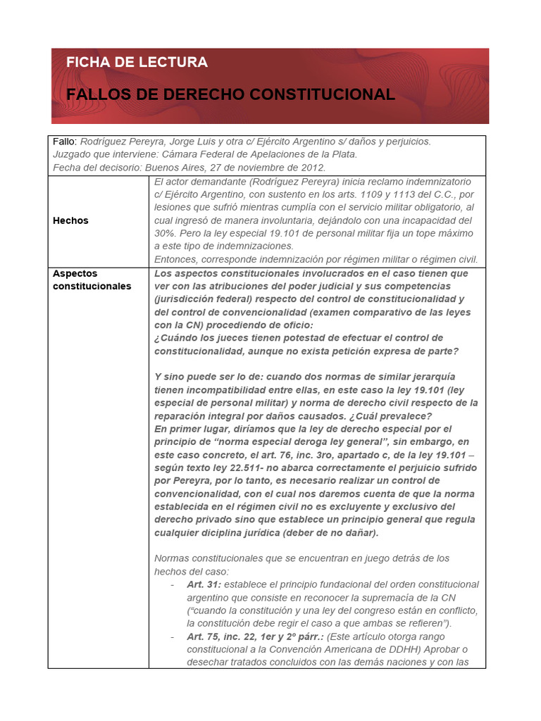 FICHA DE LECTURA FALLOS DE DERECHO CONSTITUCIONAL-Rodriguez PEREYRA | PDF | Constitución | Daños ...