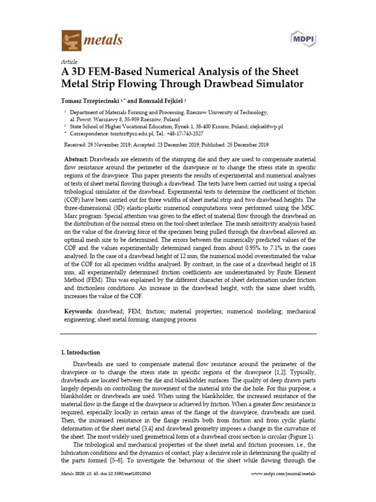 A 3D FEM-Based Numerical Analysis of The Sheet Met | PDF | Friction | Sheet Metal