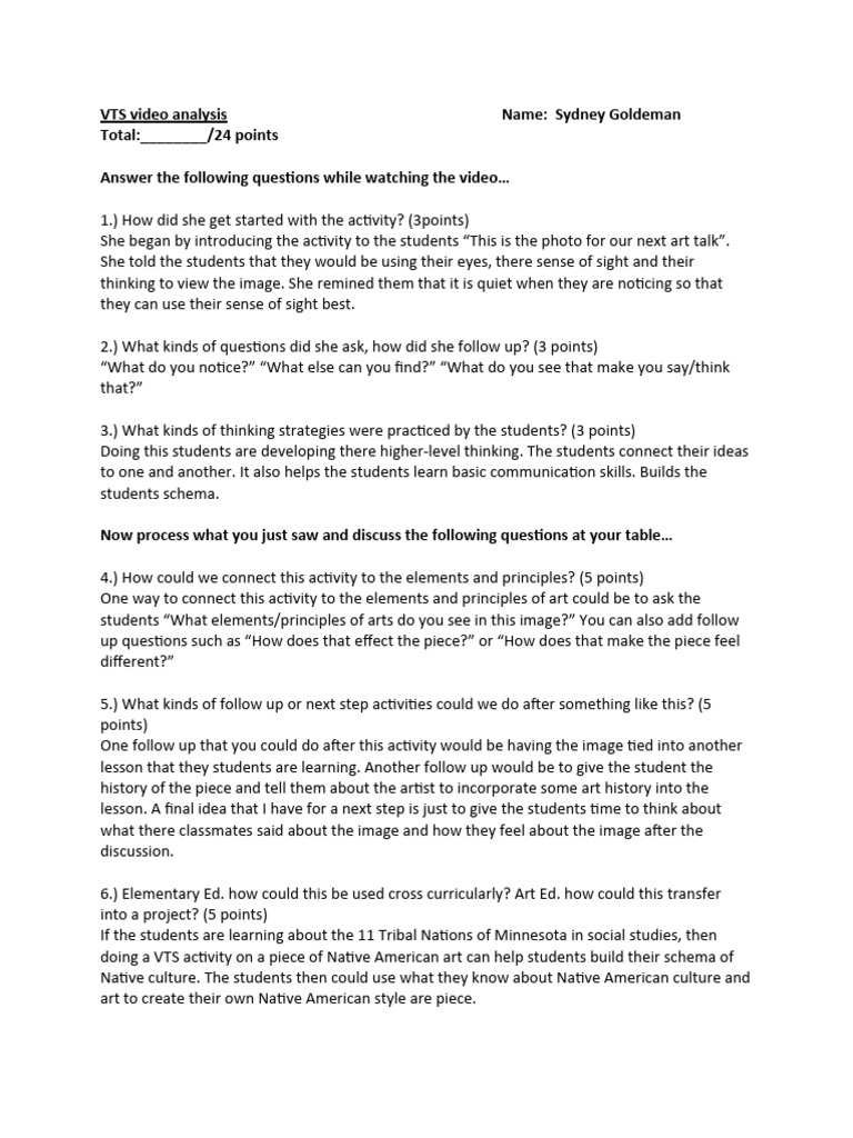 Vts Video Analysis Worksheet Doc 4 | PDF | Cognition | Liberal Arts ...