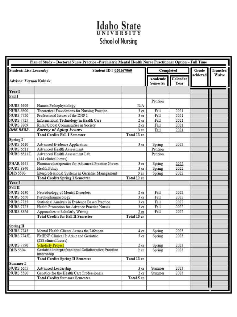 DNP Plan of Study PMHNP Full Time August 2021 | PDF | Nursing | Nurse ...