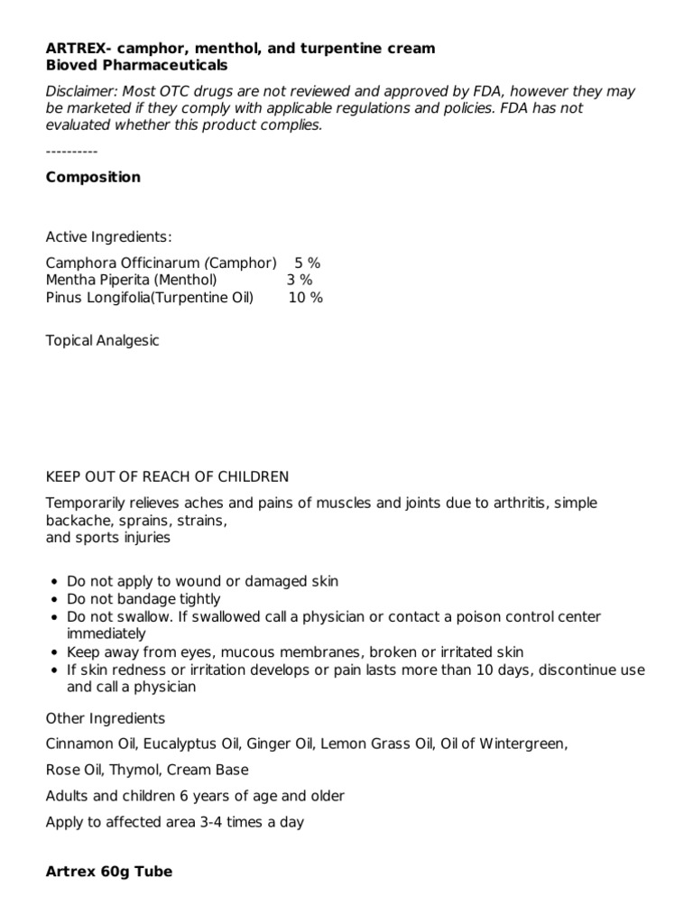 ARTREX-camphor, Menthol, and Turpentine Cream Bioved Pharmaceuticals ...