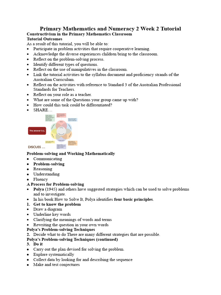 Primary Mathematics and Numeracy 2 Week 2 Tutorial | PDF ...