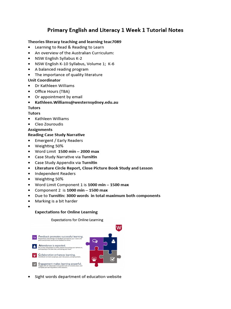 Primary English and Literacy 1 Week 1 Tutorial Notes | PDF | Phonics ...