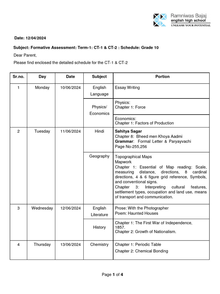 Formative Assessment Term-1 CT1 & CT2 Schedule Grade 10 2024-25 | PDF | Demand