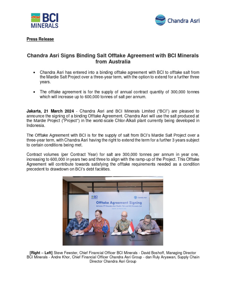 Press Release - Chandra Asri Signs Binding Salt Offtake Agreement With BCI Minerals From ...
