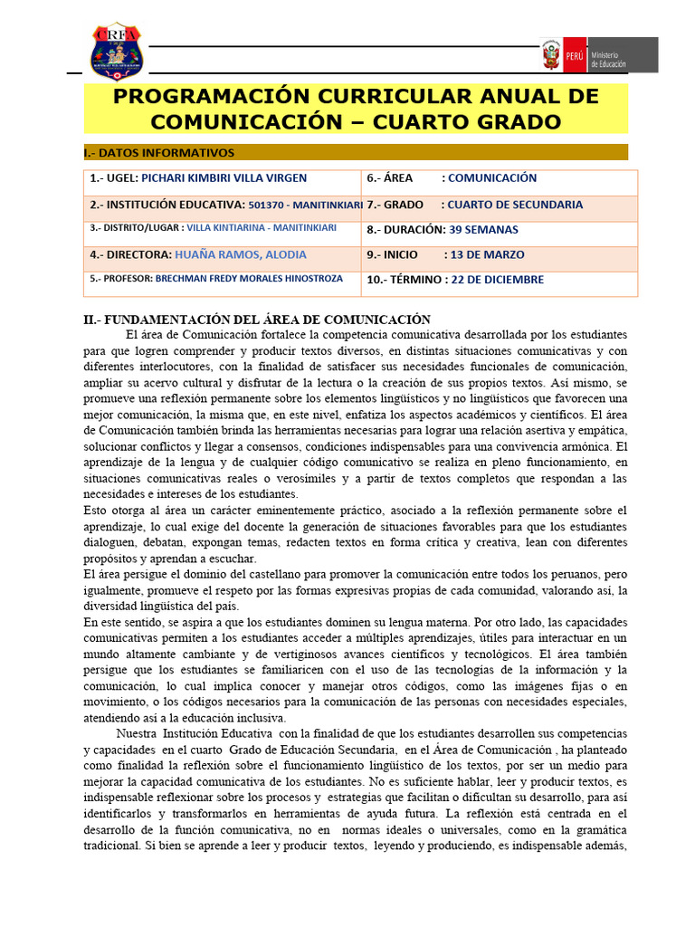 4° Programacion Anual Cuarto | PDF | Aprendizaje | Evaluación