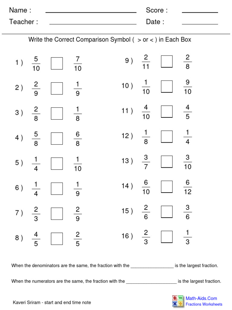 Fractions Comparing Denom Num | PDF | Arithmetic | Algebra