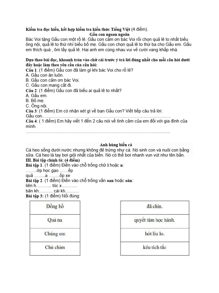 Kiểm tra đọc hiểu lớp 1 hk2 | PDF