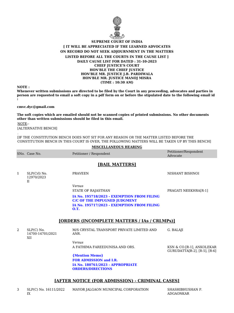 Supreme Court Cause List 31-10-2023 | PDF | Judiciaries | Legal Procedure