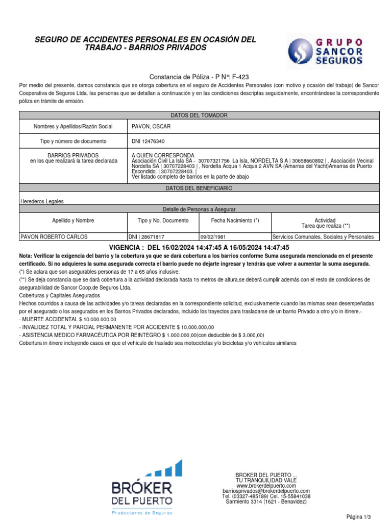 EmisiónBarriosPrivados NoF 423 | PDF | Póliza de seguros | Documento de identidad