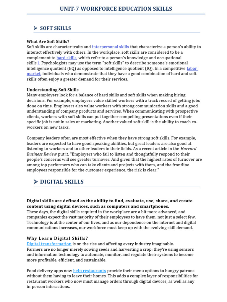 UNIT- WORKFORCE EDUCATION SKILLS | PDF | Skill | Leadership