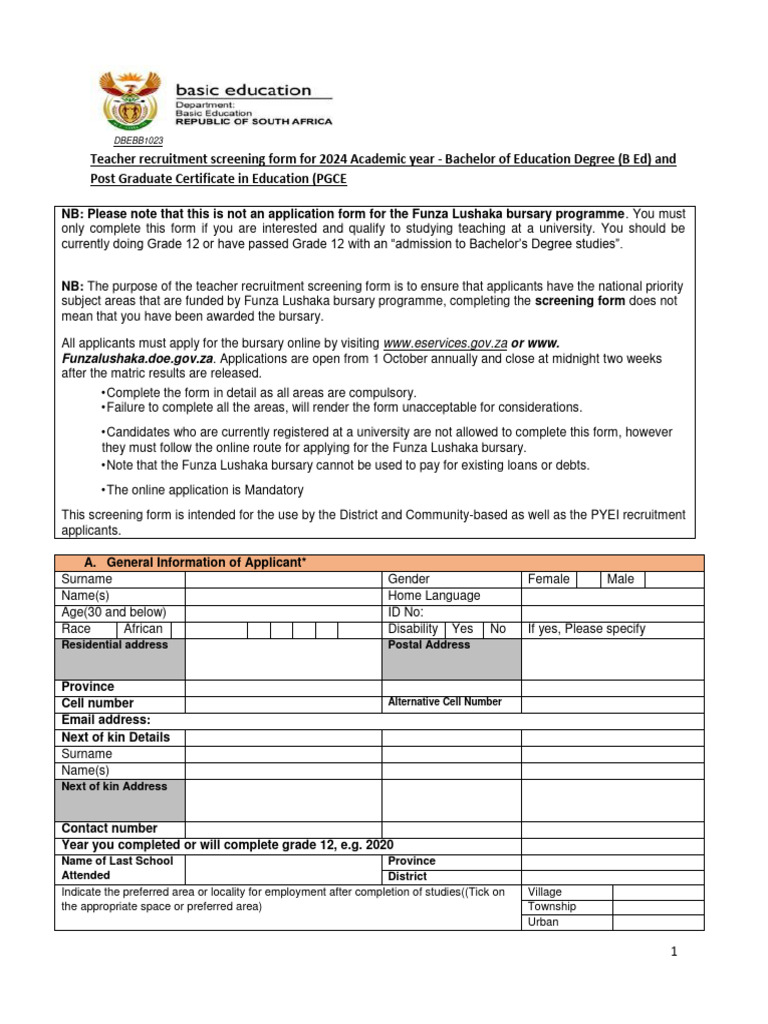 EC Teacher Recruitment Screening Form 2024 | PDF | University And ...