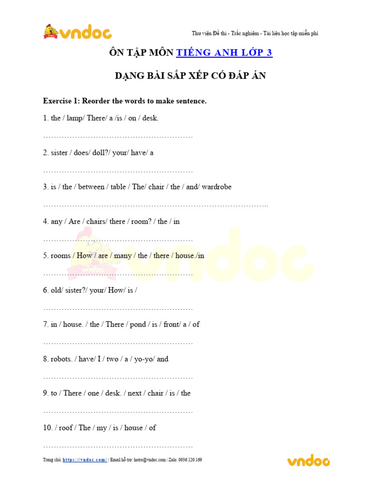 Bai Tap Sap Xep Cau Tieng Anh Lop 3 | PDF | Language Arts & Discipline | Foreign Language Studies