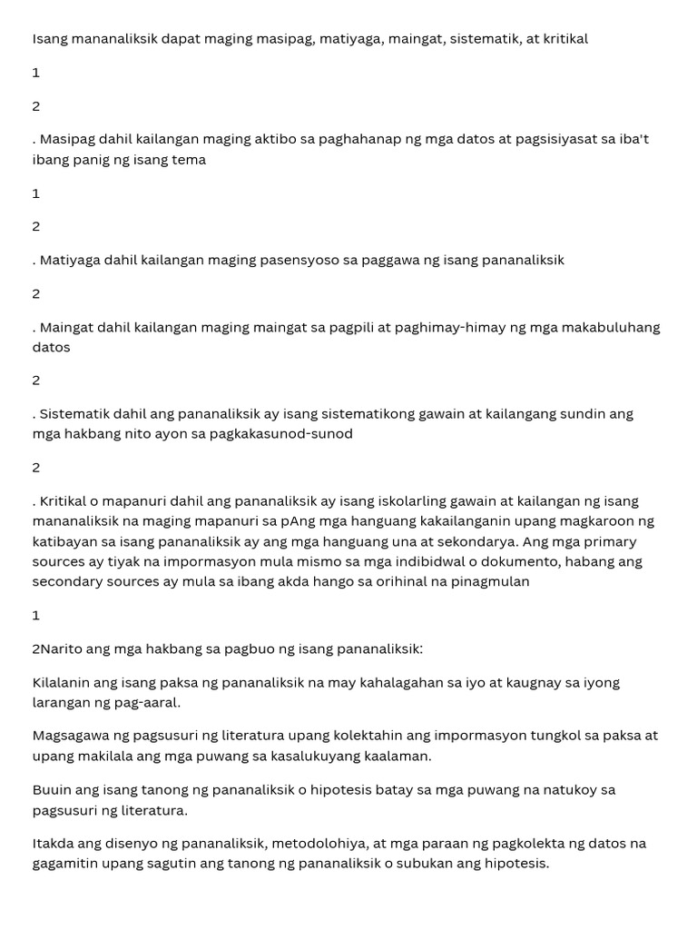 Isang Mananaliksik Dapat Maging Masipag, Matiyaga, Maingat, Sistematik ...