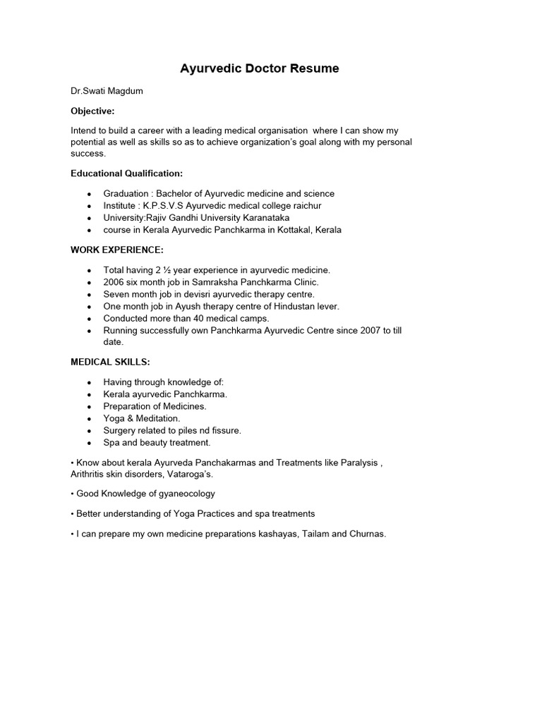 Ayurvedic Doctor Resume Template | PDF | Wellness