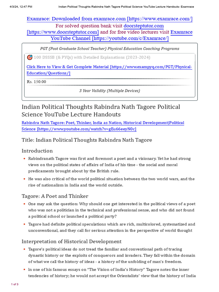 Indian Political Thoughts Rabindra Nath Tagore Political Science YouTube Lecture Handouts | PDF ...