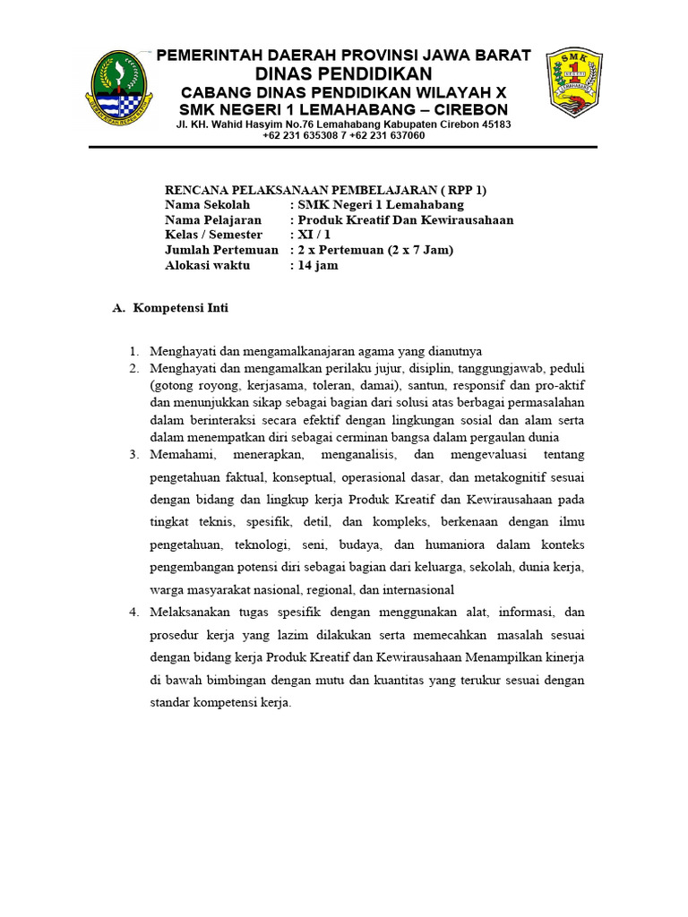 RPP Produk Kreatif Dan Kewirausahaan | PDF