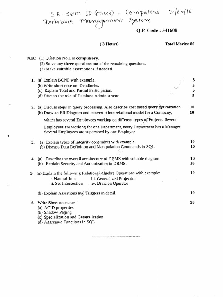 SE-Comps SEM4 DBMS MAY16 | PDF