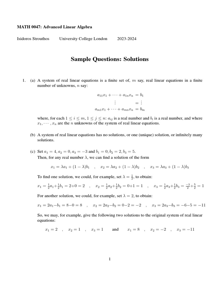 Sample Questions Solutions | PDF | Matrix (Mathematics) | Numerical Analysis