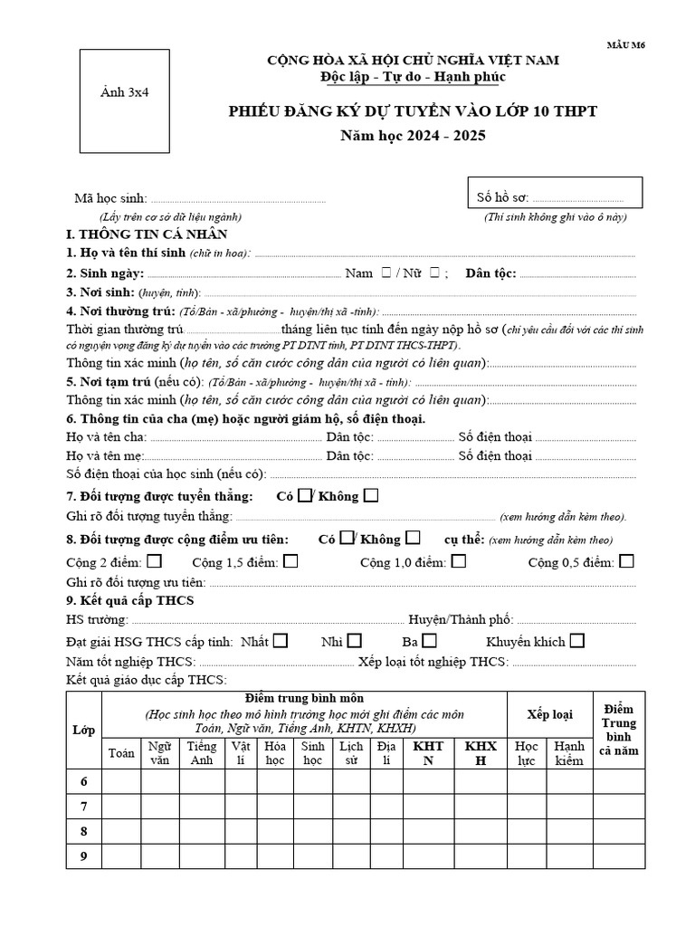 M6 - Phieu Dang Ky Tuyen Sinh - 2024 - 2025 | PDF