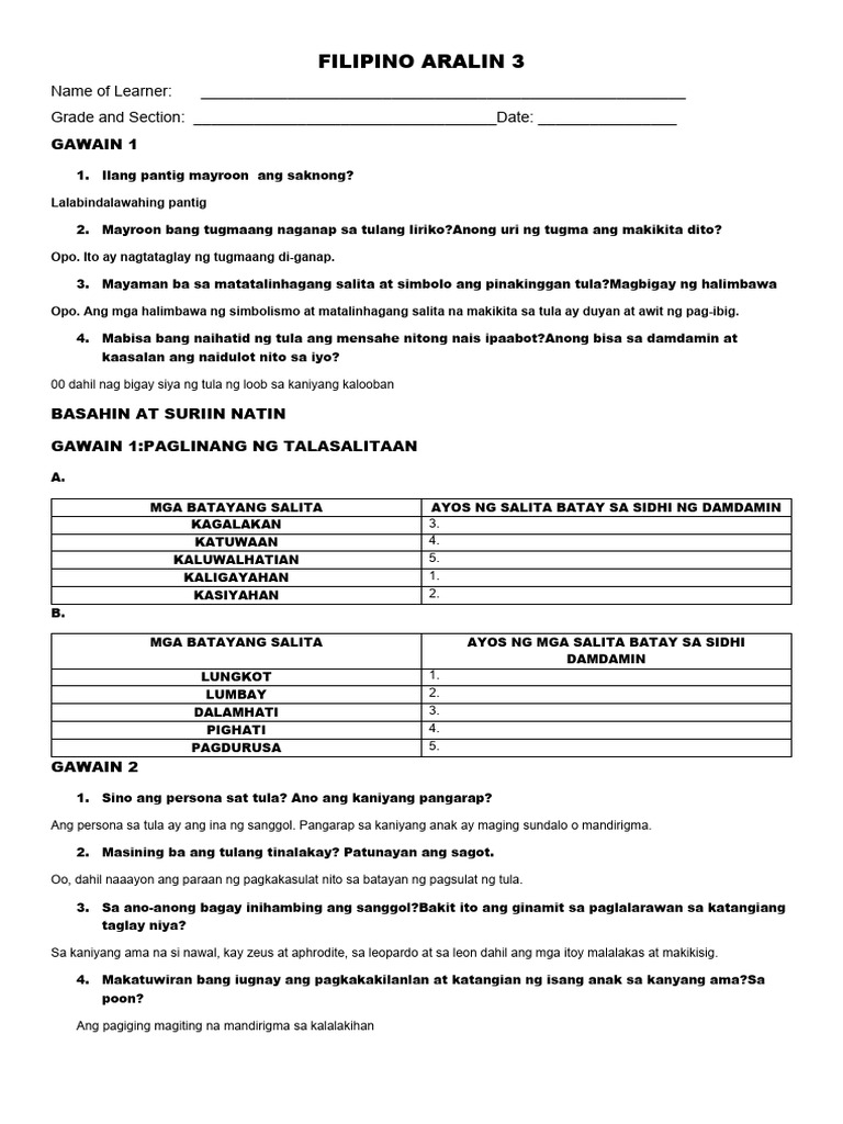 Filipino Aralin 3 | PDF
