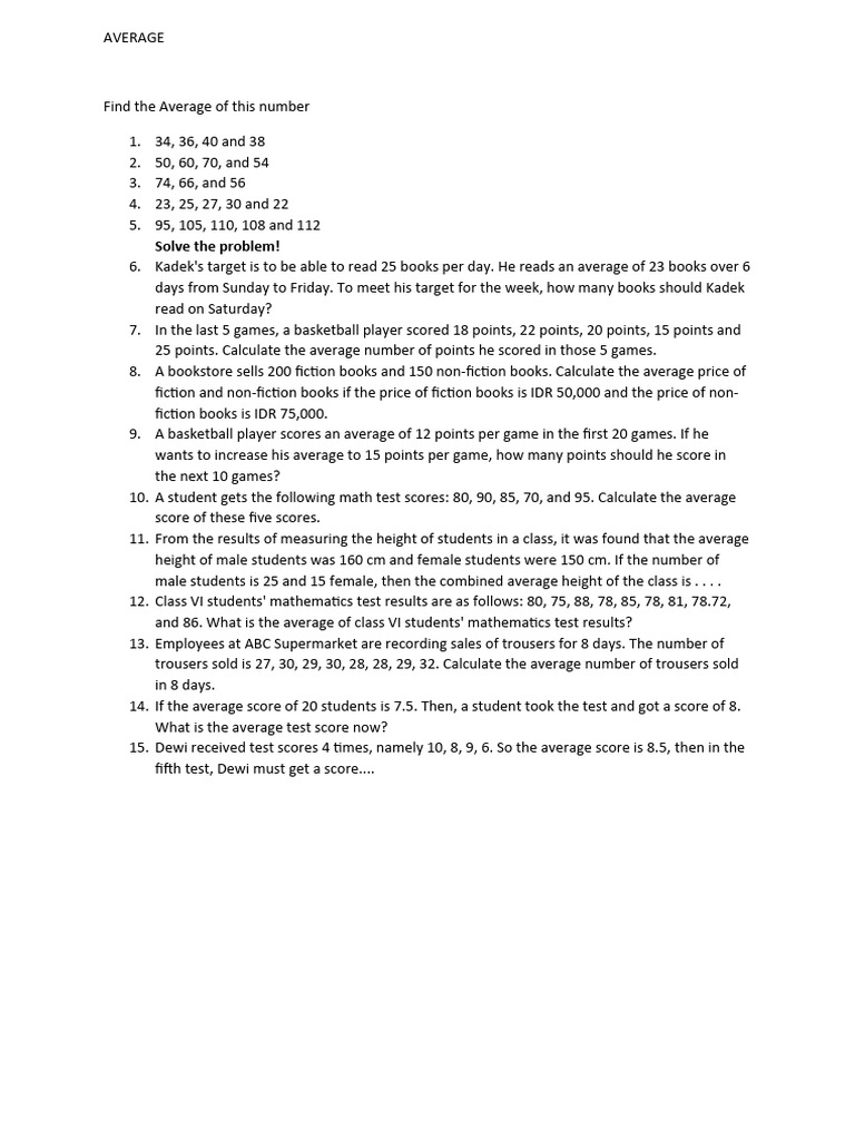 Soal AVERAGE - Math Kelas 5 SD | PDF