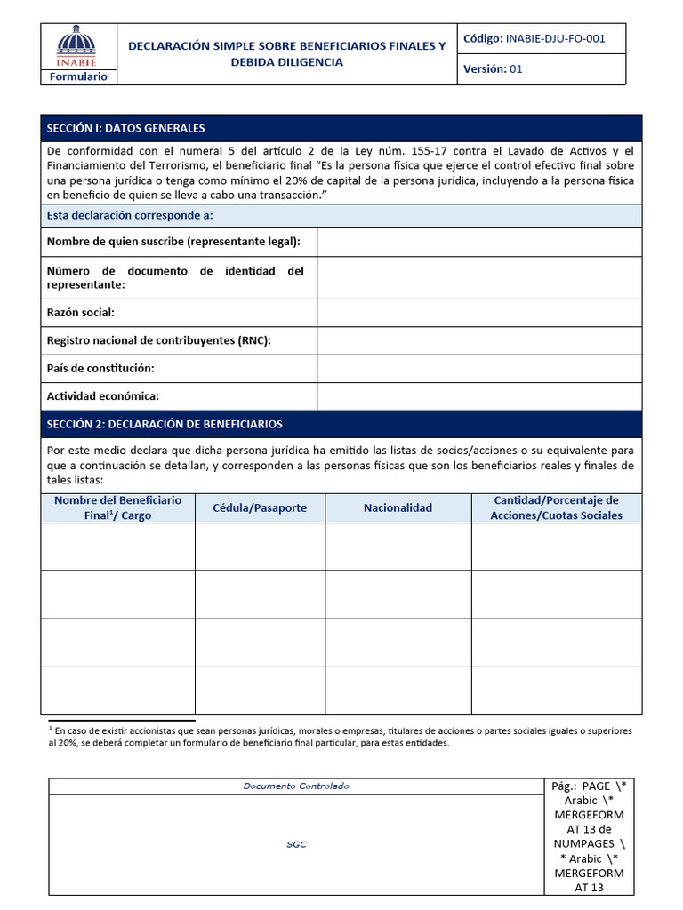 Modelo Declaración Simple Sobre Beneficiarios Finales y Debida Diligencia | PDF | Documento de ...