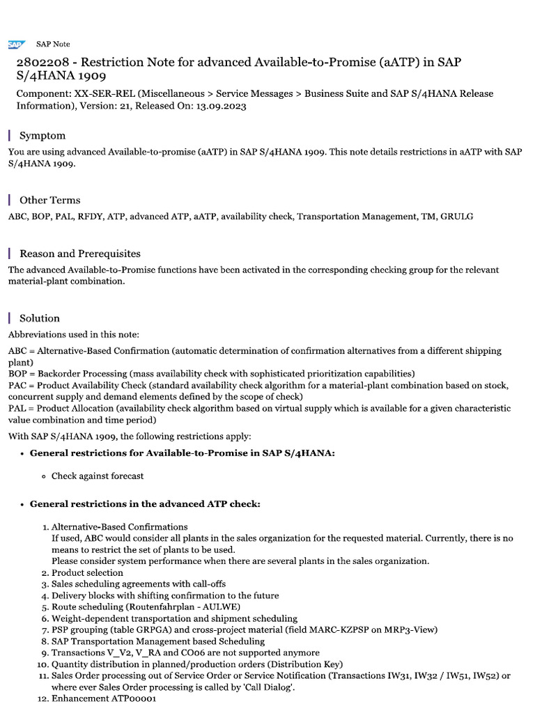 Restriction Note For Advanced Available-to-Promise (aATP) in SAP | PDF