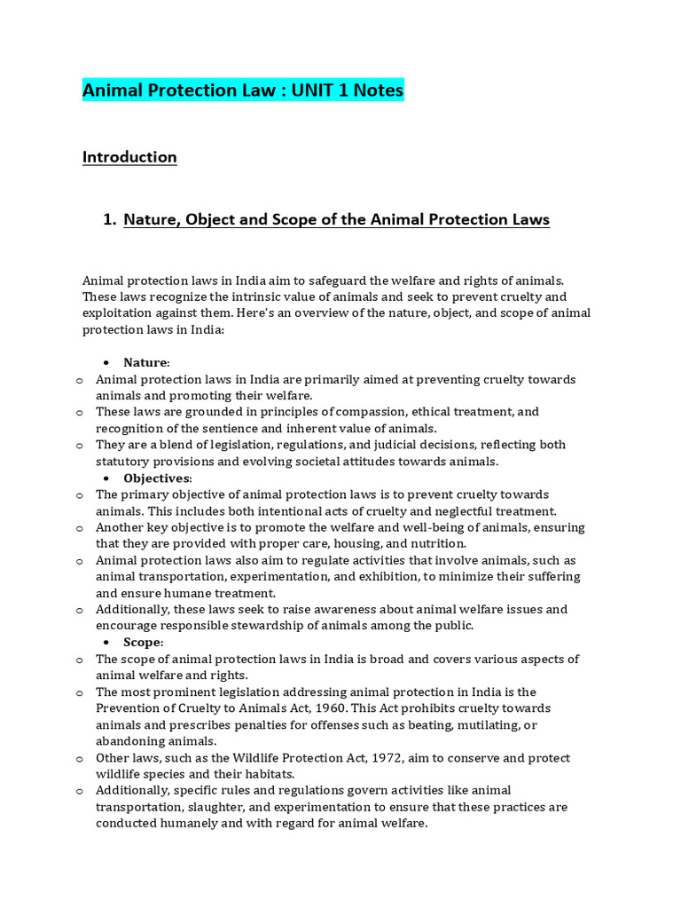 Animal Protection Law UNIT 1 Notes | PDF | Animal Welfare | Cruelty To ...