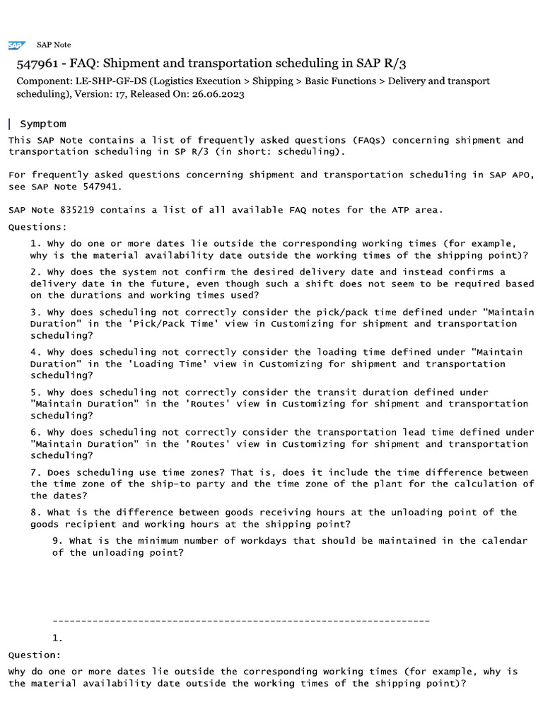 FAQ Shipment and Transportation Scheduling in SAP R3 | PDF