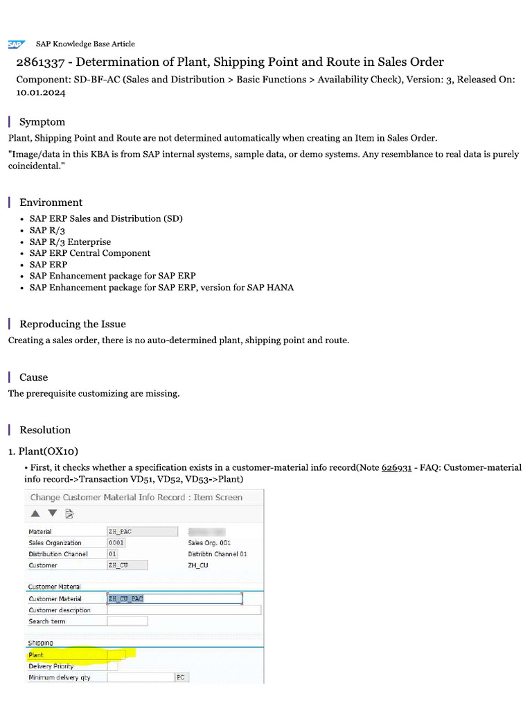 Determination of Plant, Shipping Point and Route in Sales Order | PDF