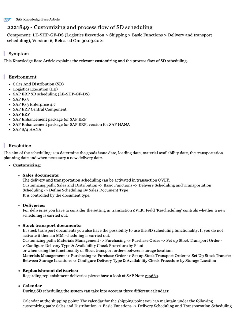Customizing and Process Flow of SD Scheduling | PDF