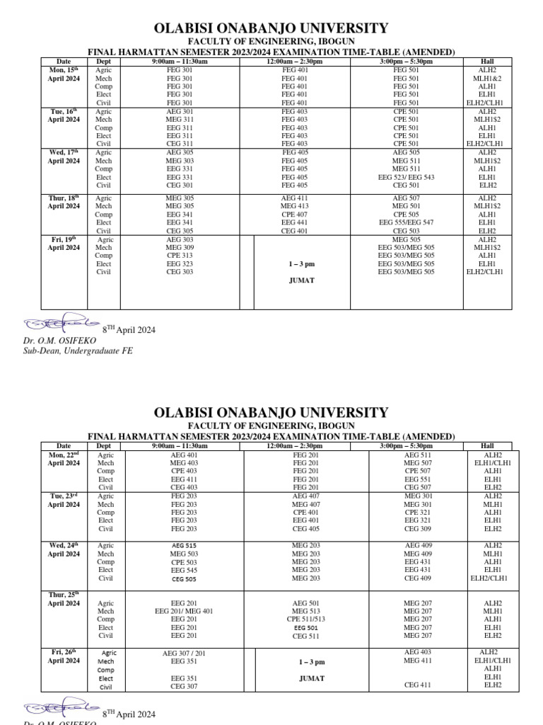 OOU Engineering Exam Timetable 2024 | PDF | Academic Administration | Academia