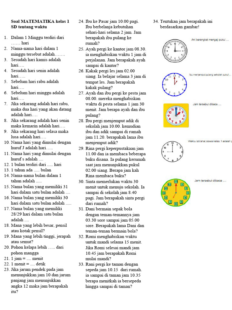 Soal MATEMATIKA Kelas 1 SD Tentang Waktu | PDF | Seni & Disiplin Bahasa ...