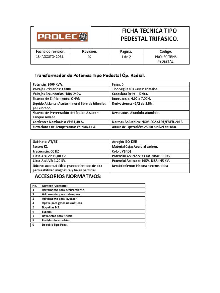 Ficha Tecnica Tipo Pedestal Trifasico 1000 Kva Prolec | PDF | Transformador | Aislador ...